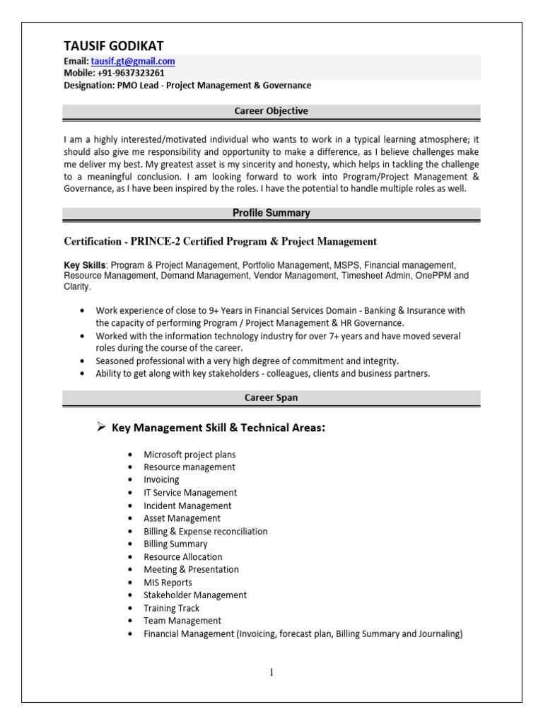 Resume Tausif Godikat | PDF | Project Management | Governance