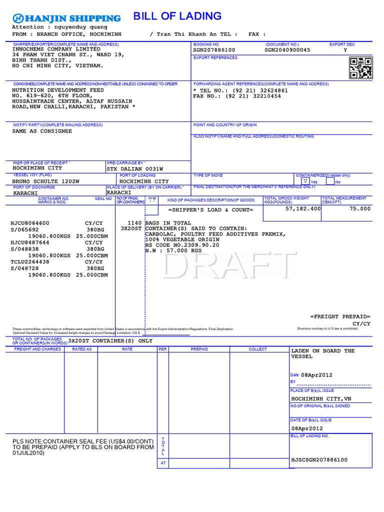 Master Bill of Lading - Hanjin Shipping Lines | PDF | Bill Of Lading ...