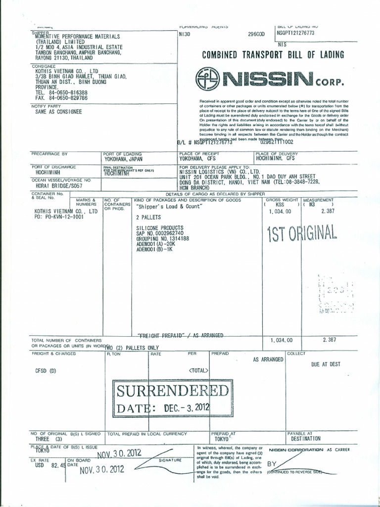Original B.L Da Chuyen Sang Surrendered B.L | PDF