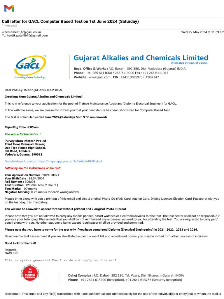 GACL Trainee Assistant Test Call Letter | PDF | Computing