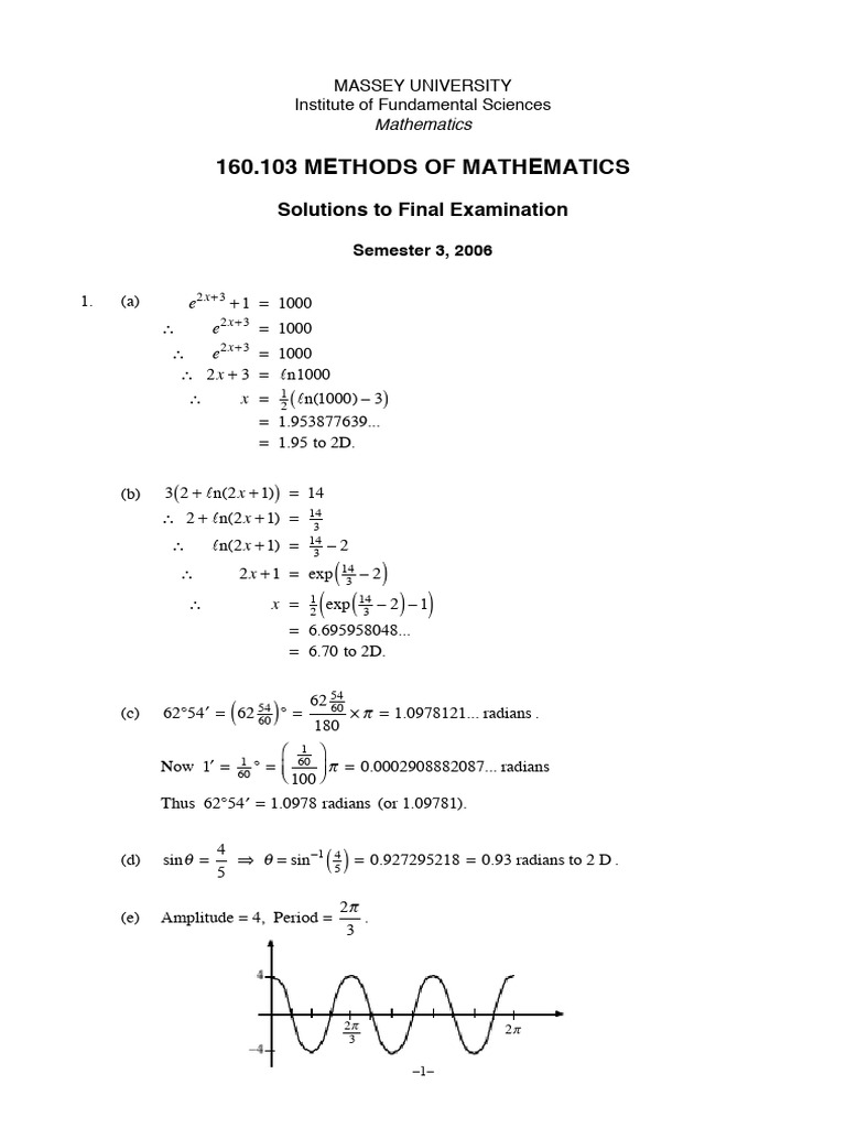 Final Exam Solutions for Mathematics 160.103 | PDF | Calculus ...