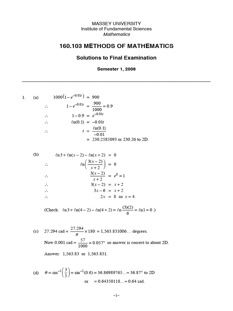 160.103 Methods of Mathematics - 2006 - Semester 1-Final Exam-Solns ...