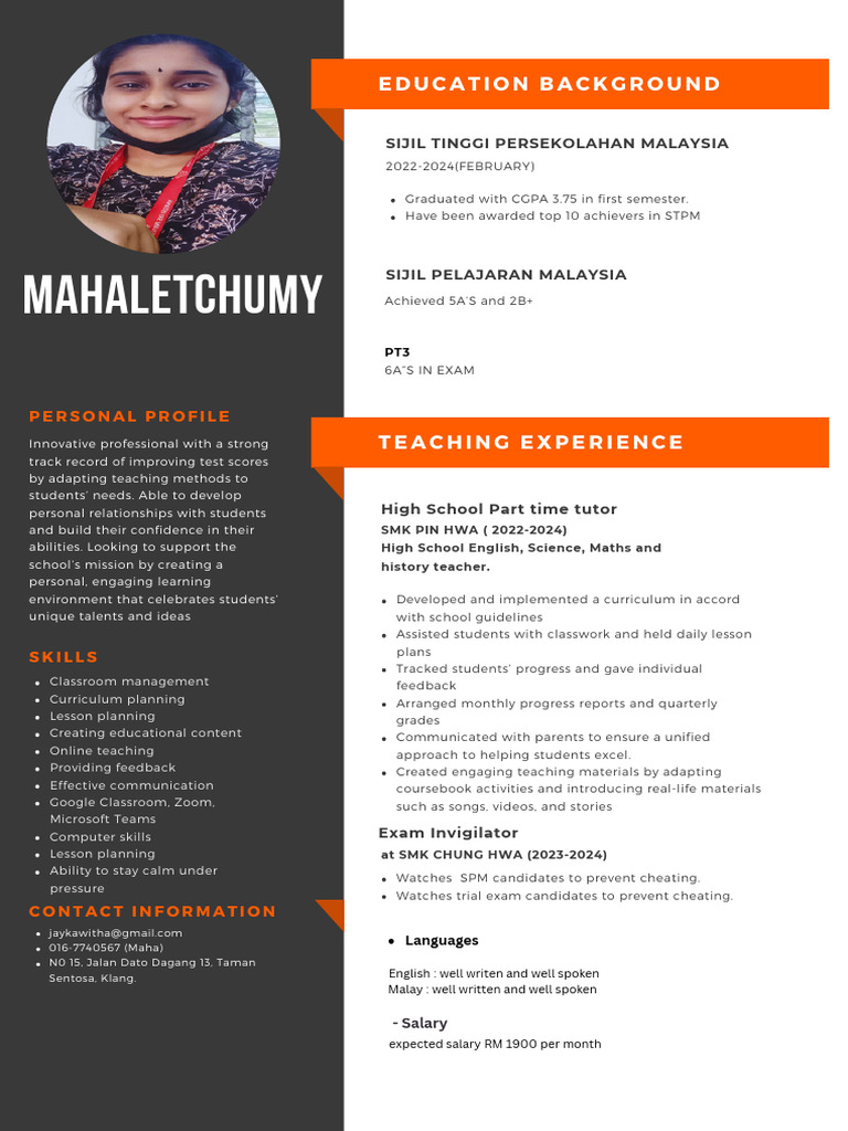 Black & Orange Simple shape Highschool Teacher Resume | PDF | Teachers | Behavior Modification
