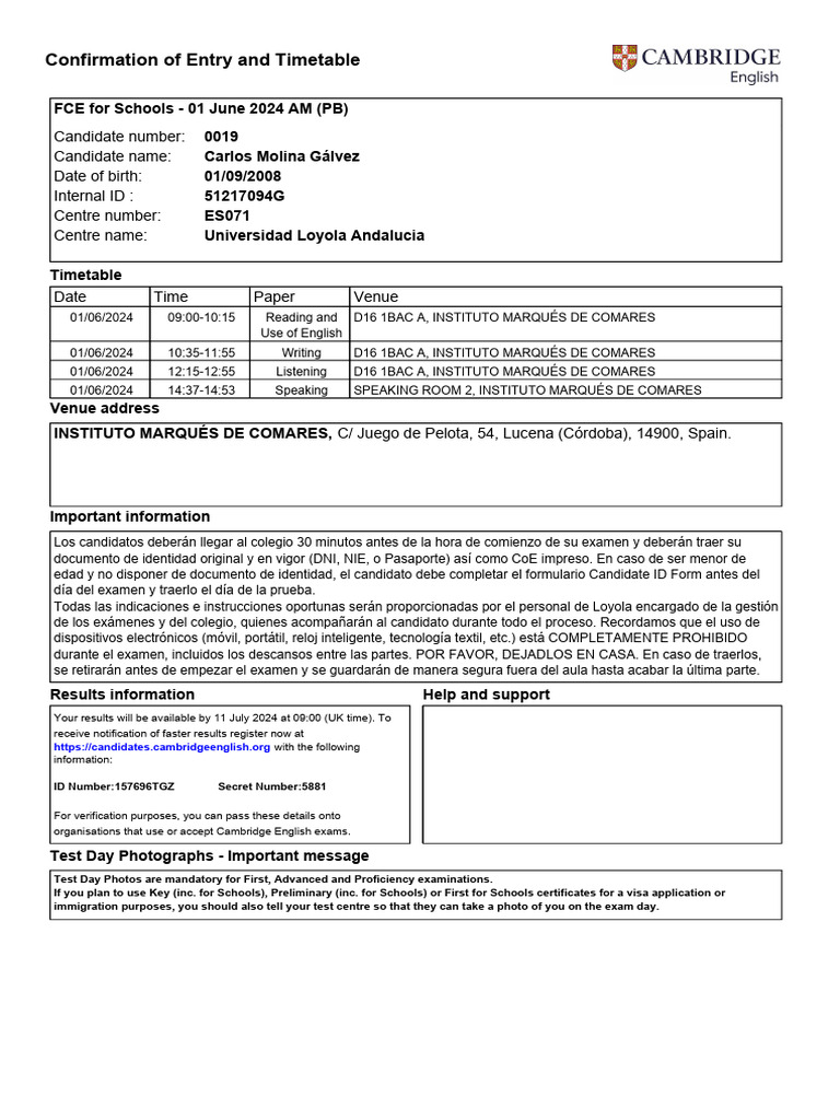 Confirmation of Entry and Timetable | PDF
