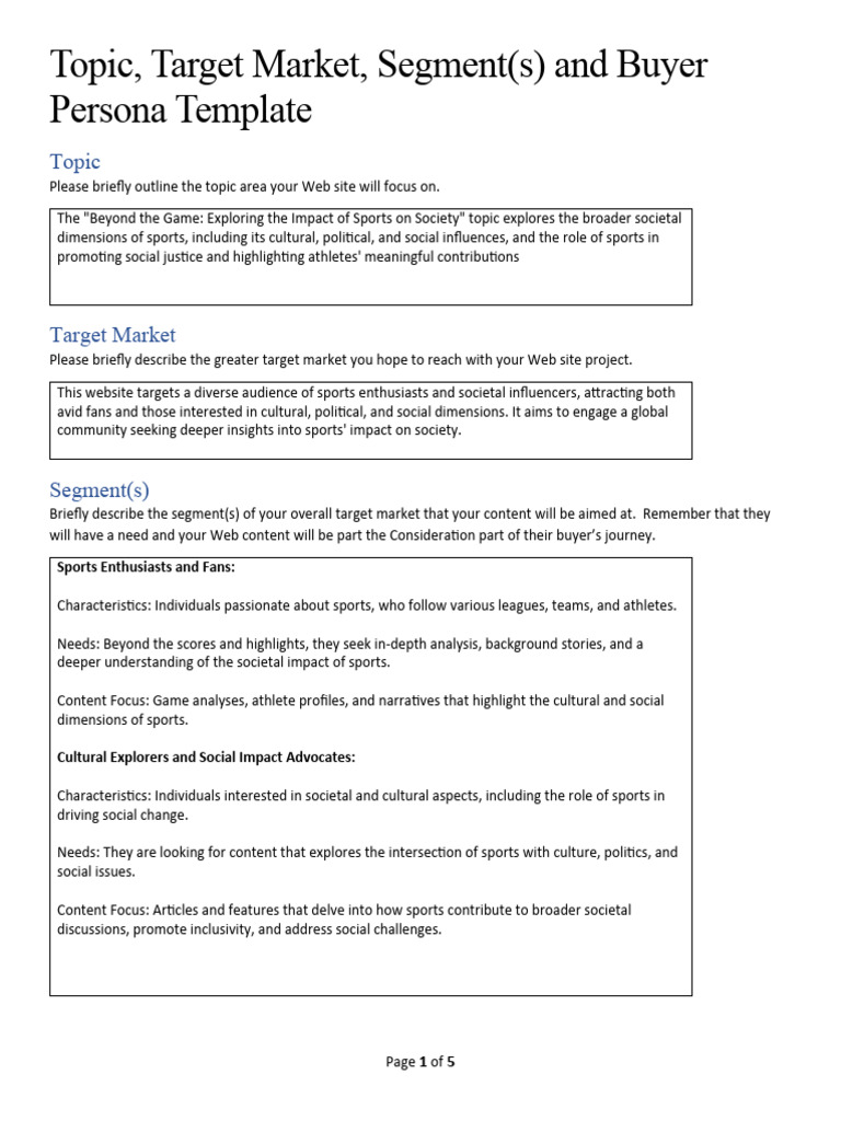 Template - Topic, Target Market, Segment(s) and Buyer Persona | PDF ...