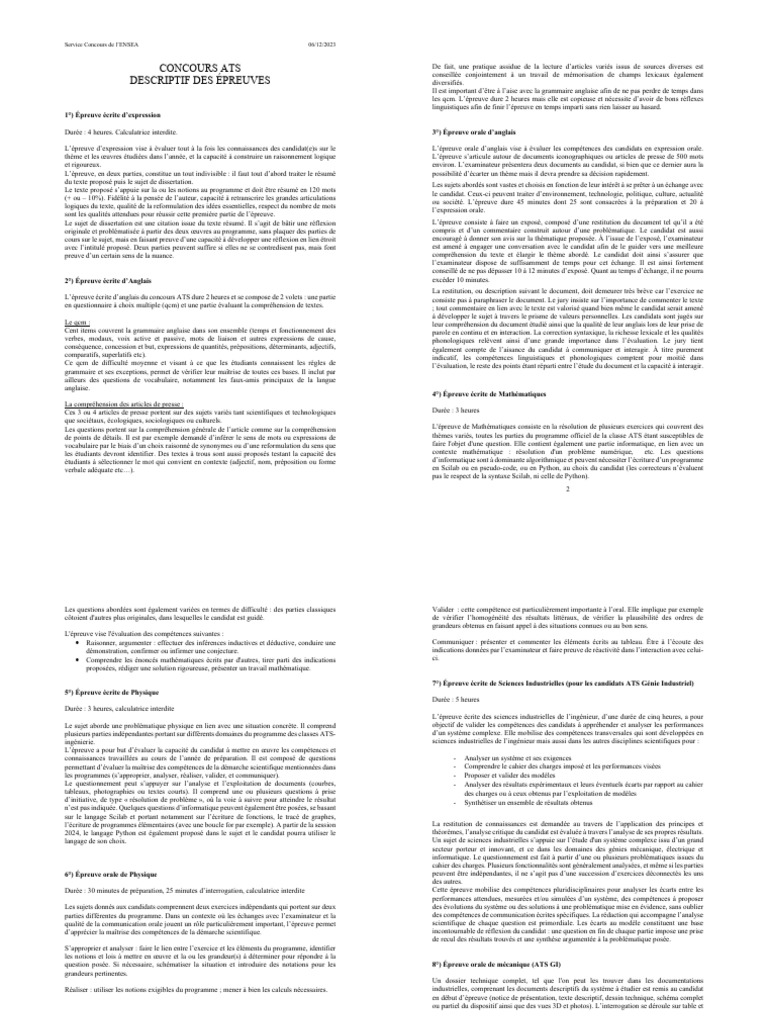 Concours ATS ENSEA 2024 : Épreuves détaillées | PDF | Mathématiques ...