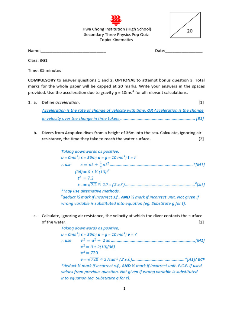 Kinematics Pop Quiz 1 Marking Scheme | PDF | Quadratic Equation ... Kinematics Pop Quiz 1 Marking Scheme | PDF | Quadratic Equation ...