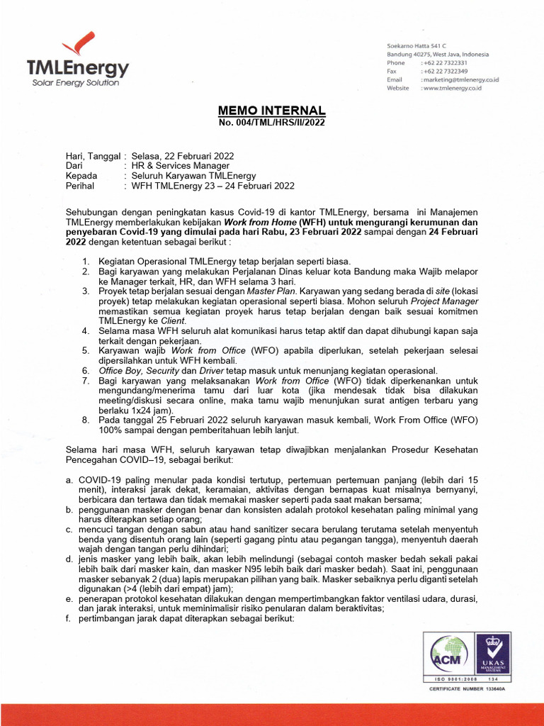 2022-02-22 Internal Memo WFH 23-24 Februari 2022 | PDF