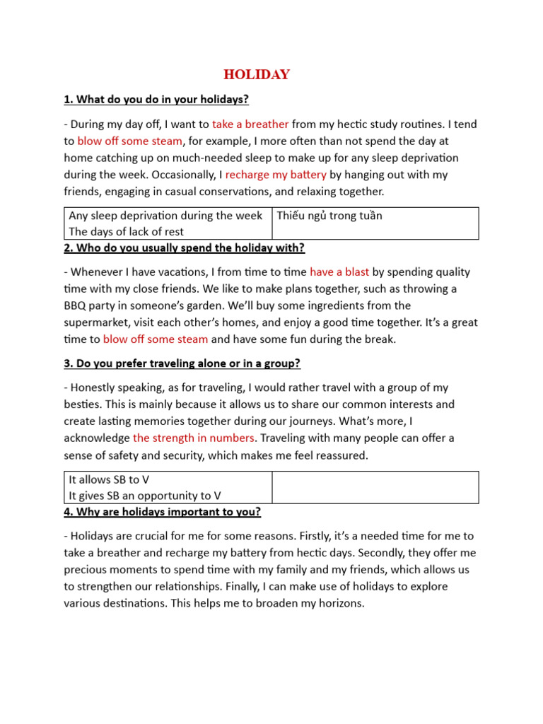 Holiday Speaking Part 1 | PDF