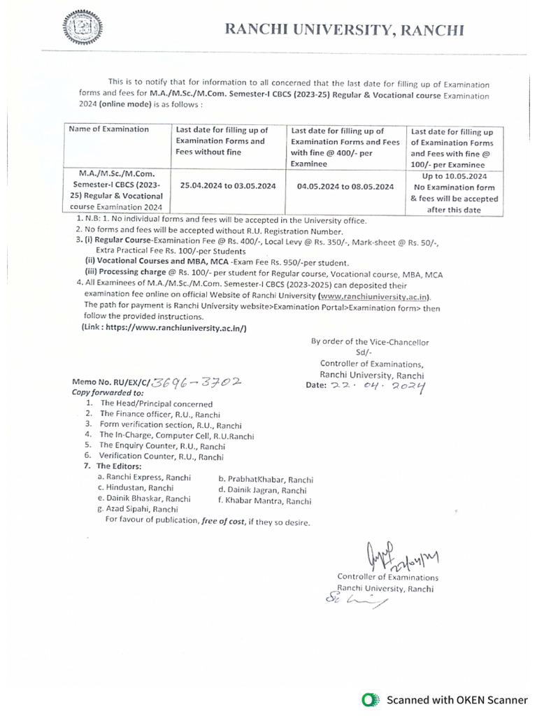 Filling Up Examination Forms and Fees For M.A.M.Sc.M.Com. Semester-I ...
