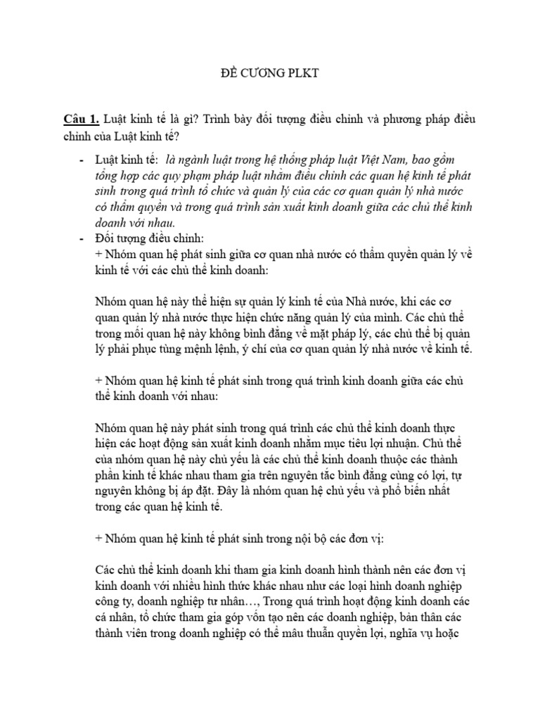 ĐỀ CƯƠNG PLKT | PDF