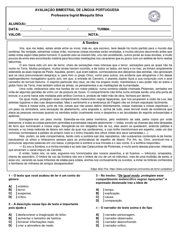 Prova de portugues 7 ano | PDF