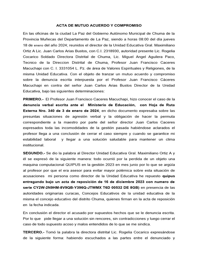ACTA DE MUTUO ACUERDO Y COMPROMISO 2024 chuma | PDF
