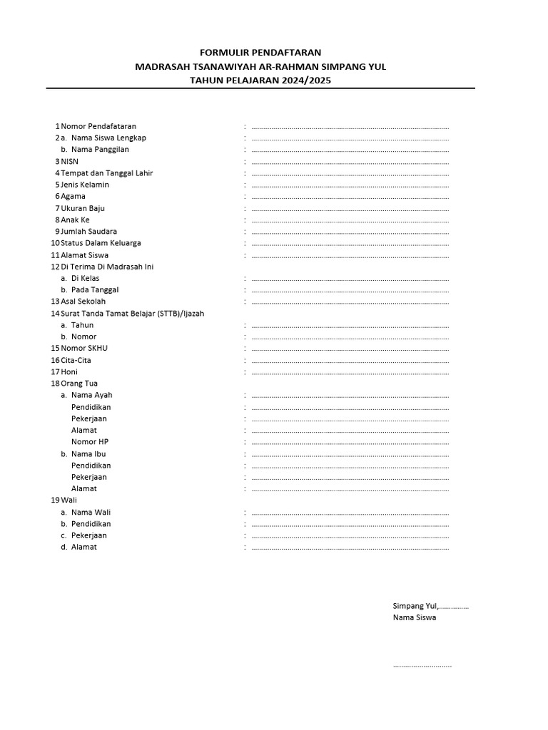 Formulir Pendaftaran Mts | PDF