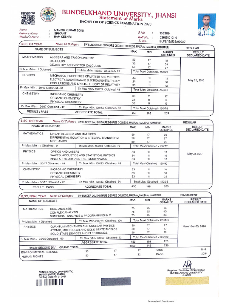 B Sc Marksheet Pdf