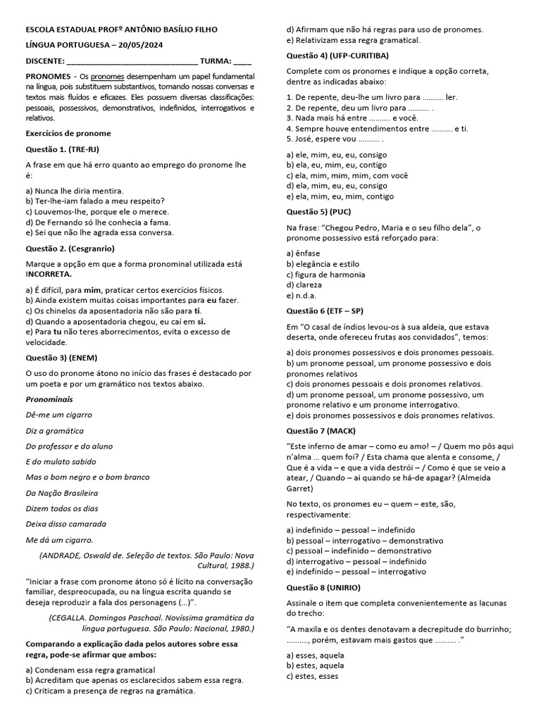 Pronomes Pdf Pronome Gramática