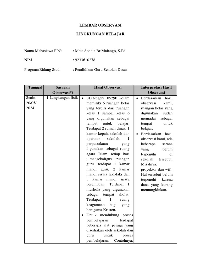 LK 2a - Lembar Observasi Lingkungan Belajar | PDF