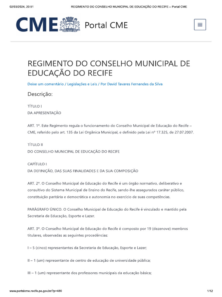 Regimento Do Conselho Municipal de Educação Do Recife | PDF