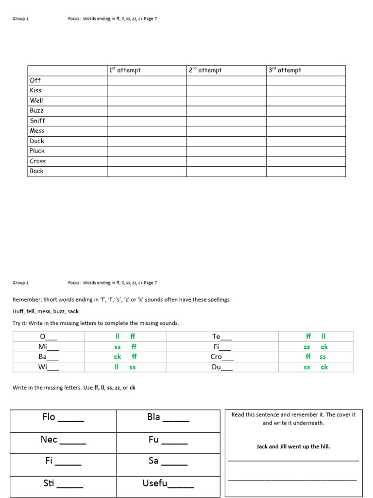 Words Ending in ff, ll, ss, zz, ck Worksheets | PDF