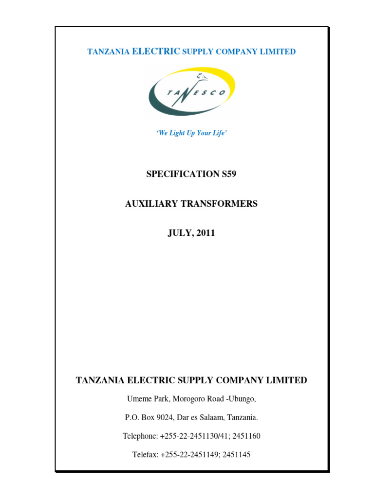 Tanzania Auxiliary Transformers Spec S59 | PDF | Transformer ...