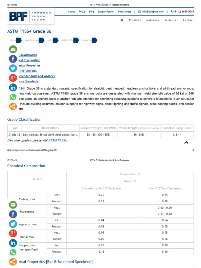 ASTM F1554 Grade 36 - Boltport Fasteners | PDF | Screw | Steel