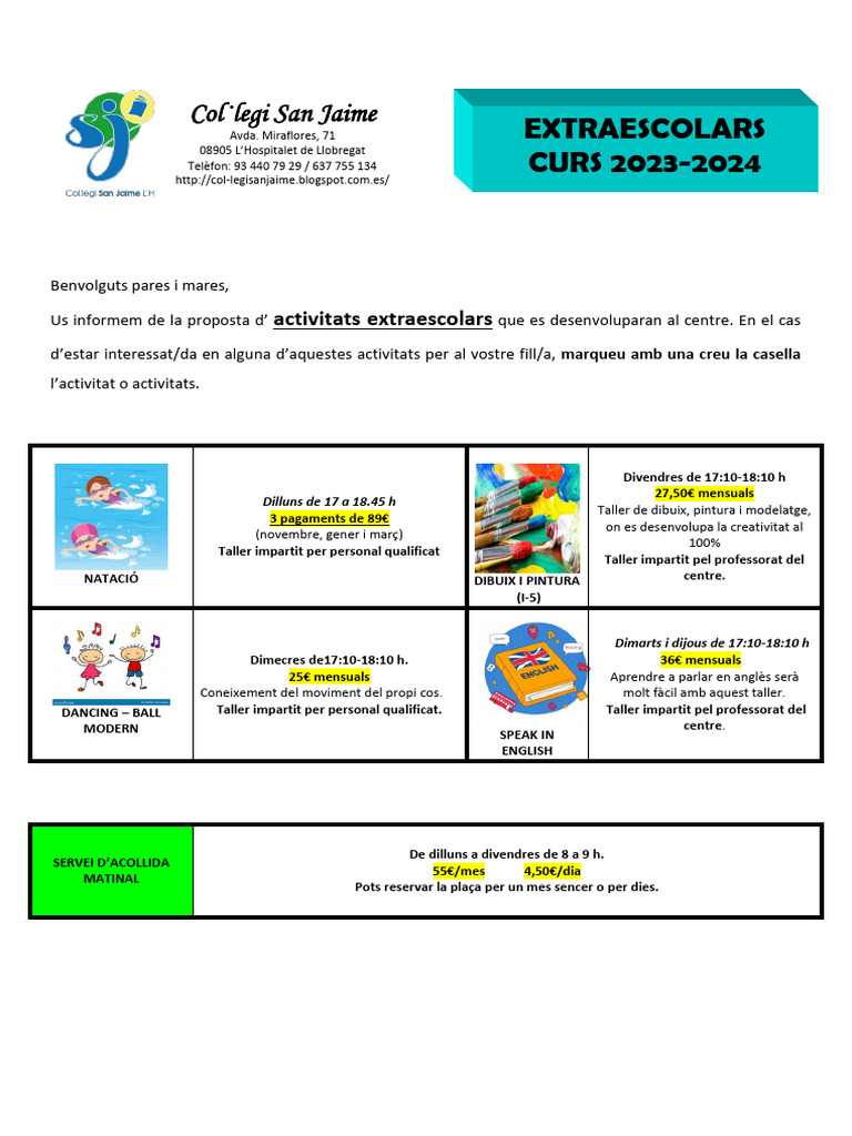 Circular Extraescolars INFANTIL 23-24 | PDF