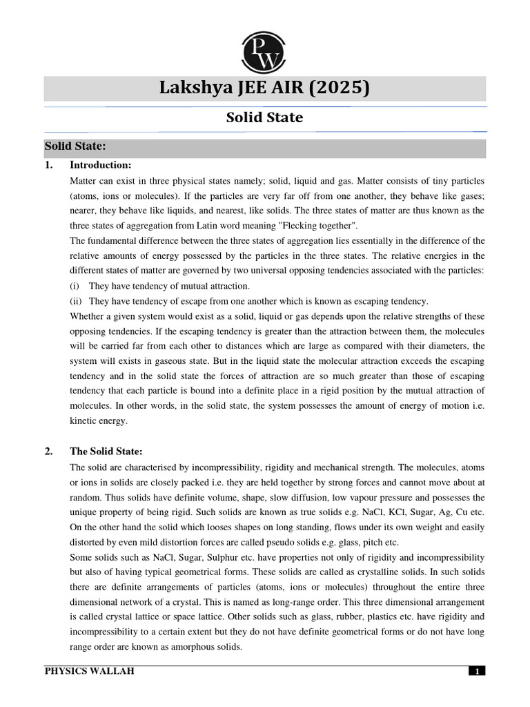 Lakshya JEE AIR (2025) : Solid State | Download Free PDF | Crystal Structure | Solid