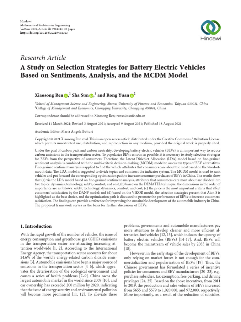 A Study On Selection Strategies For Battery Electric Vehicles Based On Sentiments Analysis and ...