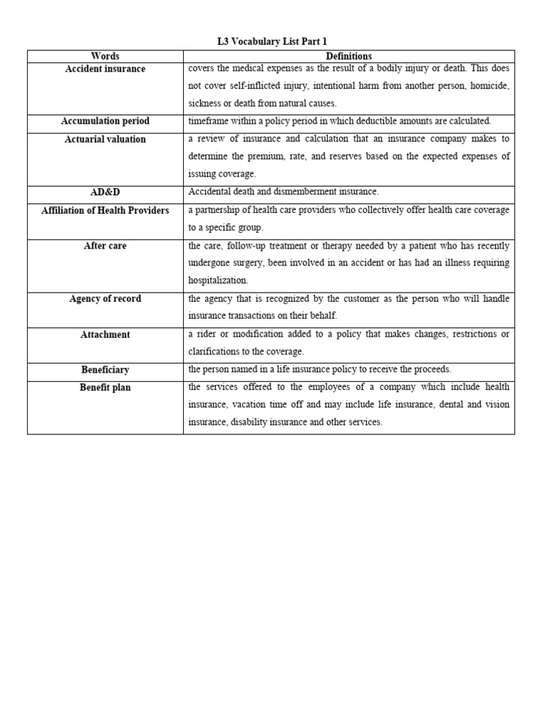L3 Insurance Vocabulary Guide | PDF
