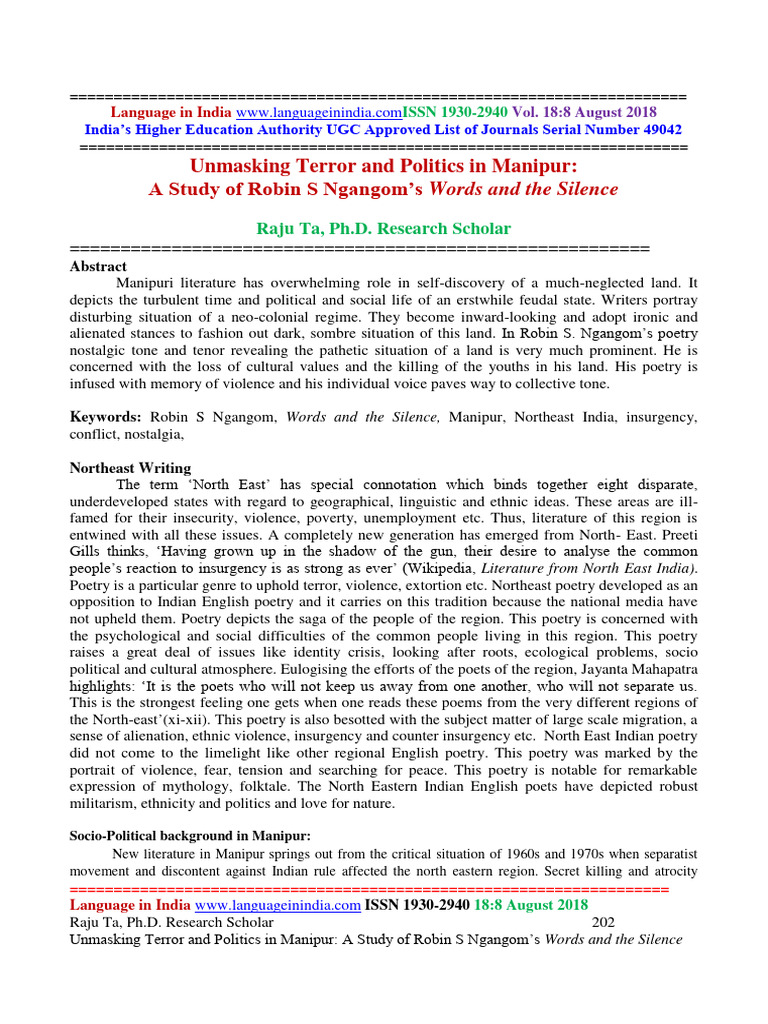 Unmasking Terror and Politics in Manipur: A Study of Robin S Ngangom's ...