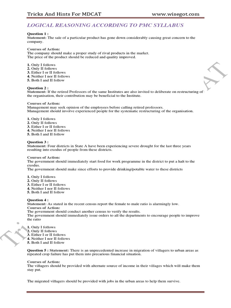 LOGICAL REASONING ACCORDING TO PMC SYLLABUS-organized | PDF