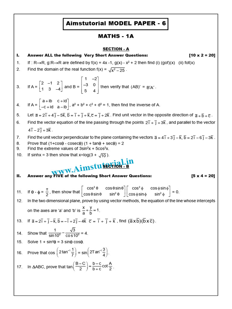 1A Model Guess Paper 6 | Download Free PDF | Applied Mathematics | Geometry