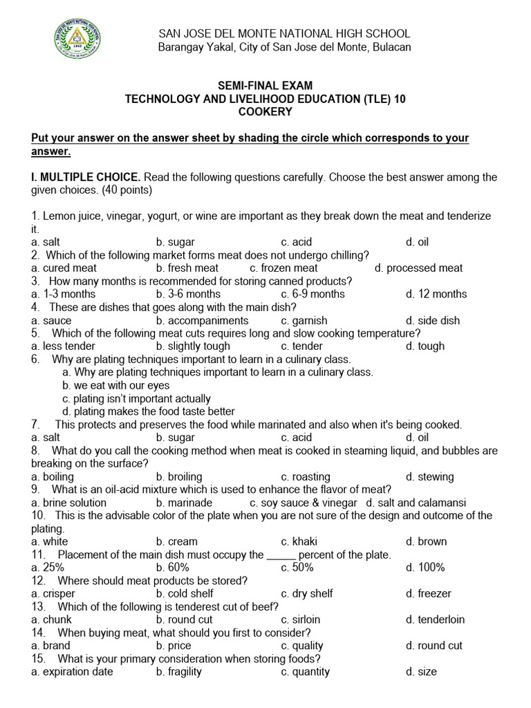TLE 10 Cookery Semi-Final Exam | PDF | Cooking | Meat