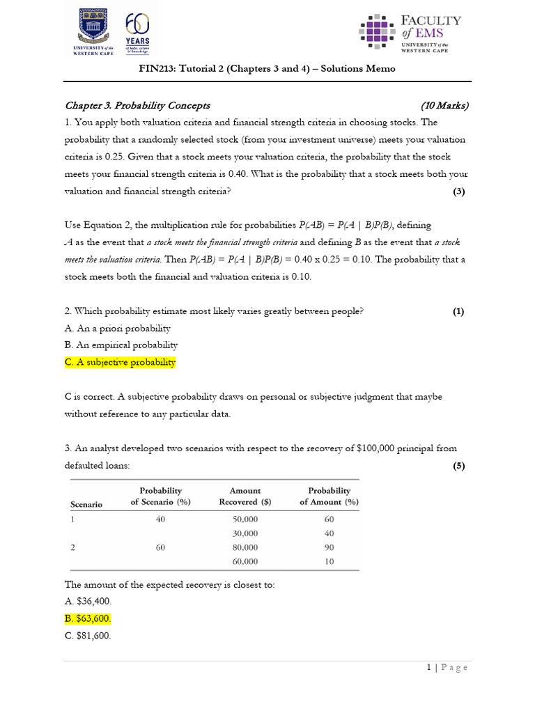 FIN213 - Tutorial 2 - Chapters 3 and 4 - Solutions Memo | PDF | Valuation (Finance) | Option ...