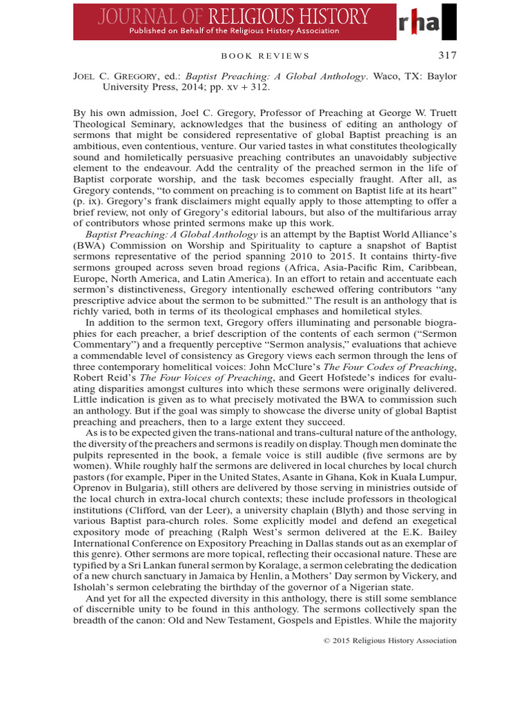 Article Baptist Preaching A Global Anthology | PDF | Sermon | Baptists