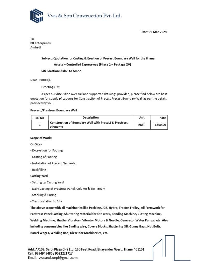 Quatation for Highway Boundary Wall | PDF | Precast Concrete ...