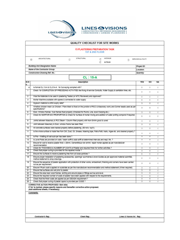 Quality Checklist For Site Works: 15 Plastering Preparation Task | PDF | Plaster | Industrial ...