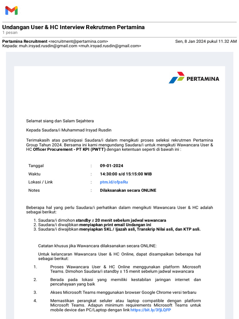 Gmail - Undangan User & HC Interview Rekrutmen Pertamina | PDF | Bisnis