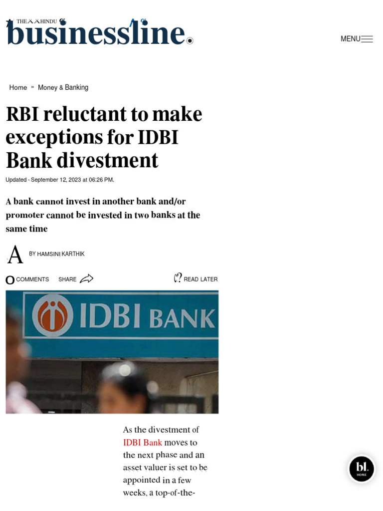 RBI's Stance on IDBI Bank Divestment | PDF | Personal Finance | Banks