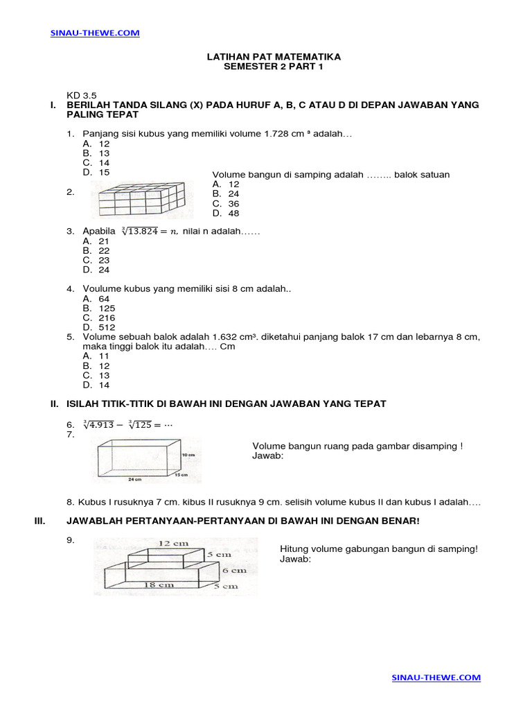 Latihan Pat Matematika Kelas 5 Semester 2 Part 1-Efde3-3411 719 | PDF
