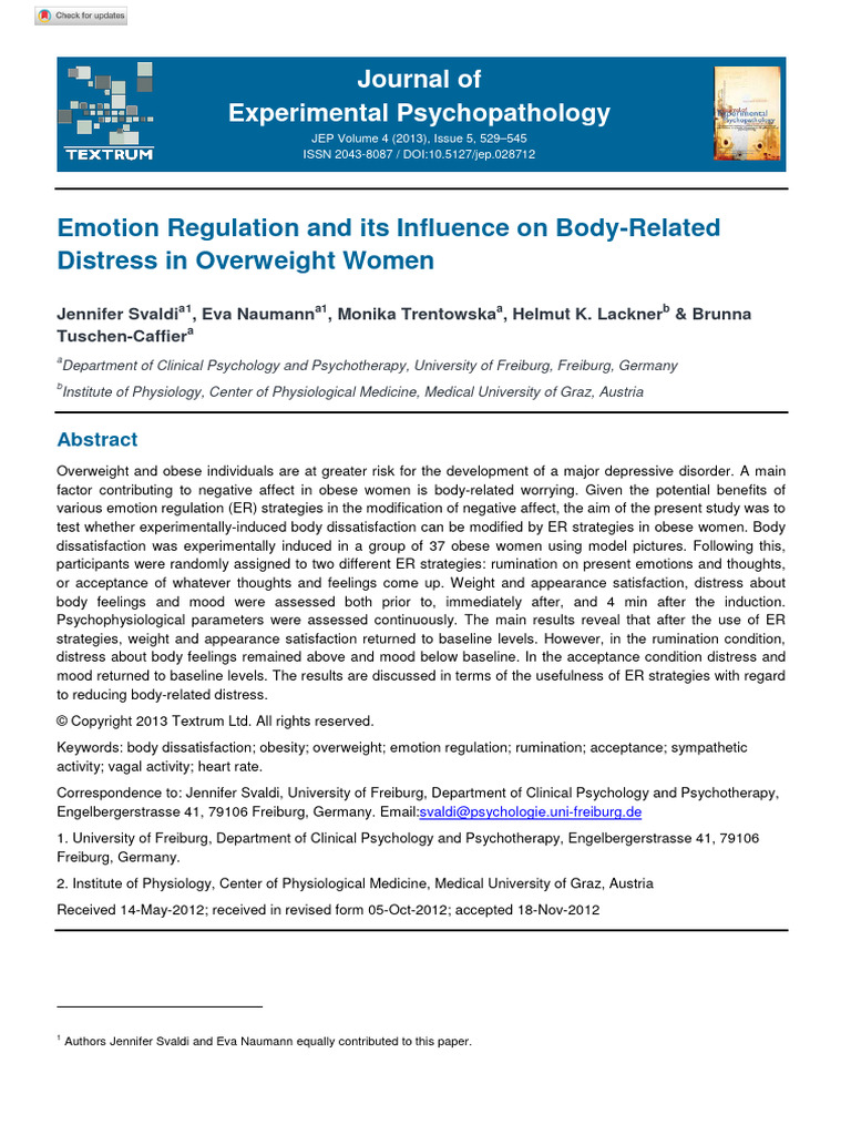 Svaldi Et Al 2013 Emotion Regulation and Its Influence On Body Related ...