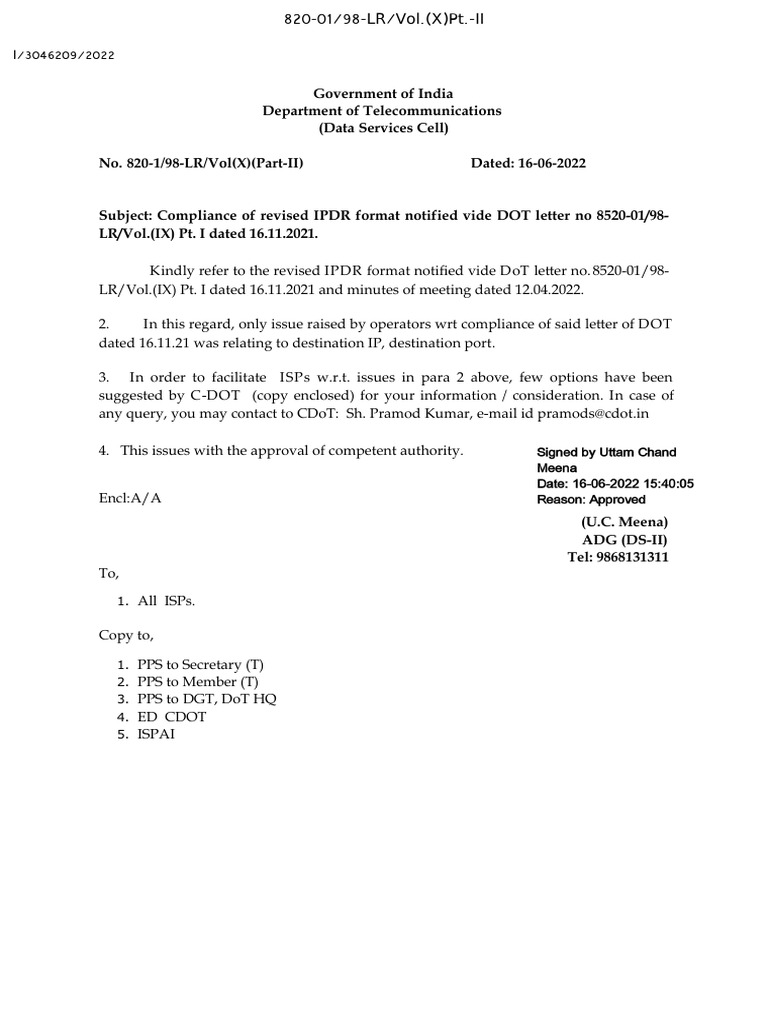 Letter and CDoT Booklet For IPDR Options | PDF | Internet Protocol ...