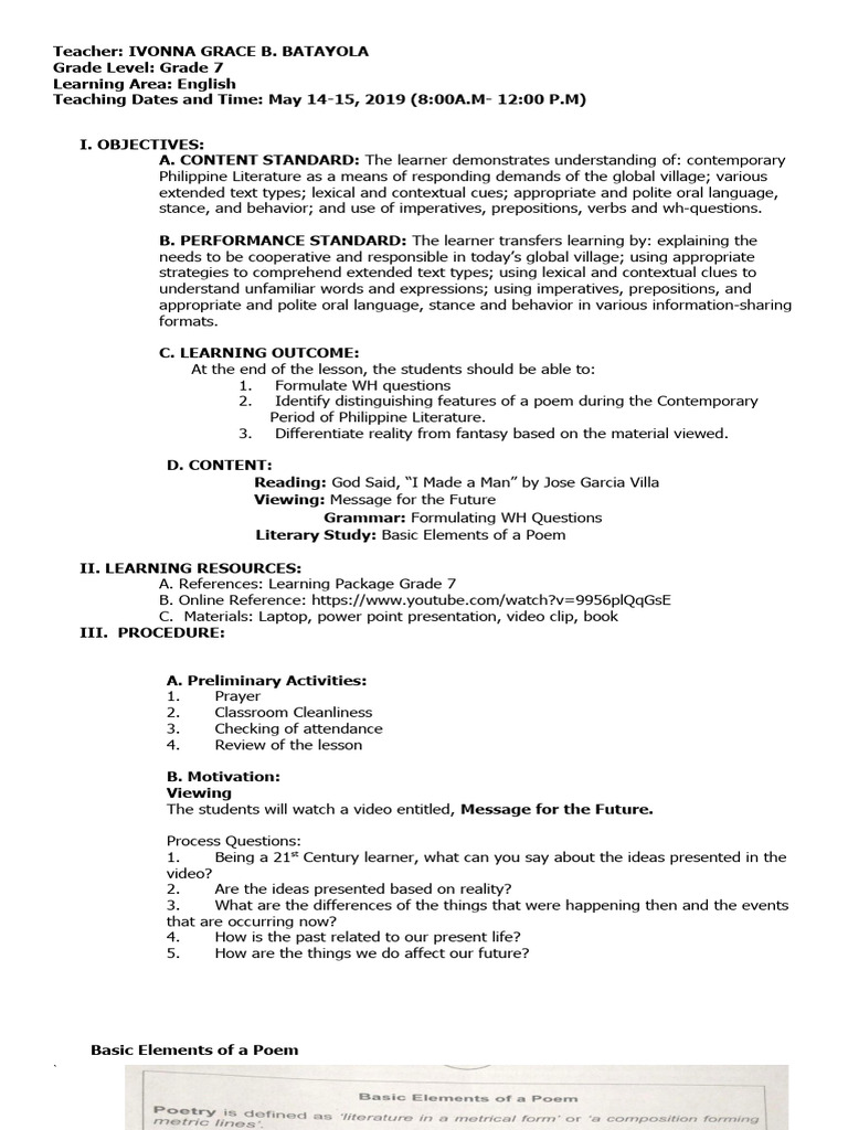 Lesson Plan in Module 4 Lesson 1 | PDF | Poetry | Learning