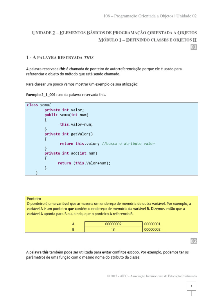 ProgramaÇÃo Orientada A Objetos Unidade02 Pdf Classe Programação De Computadores