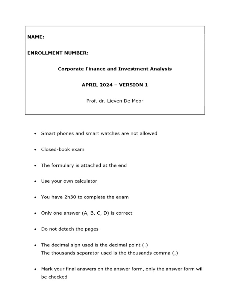CFIA Sample Exam Questions and Instructions - 2024 | PDF | Capital ...