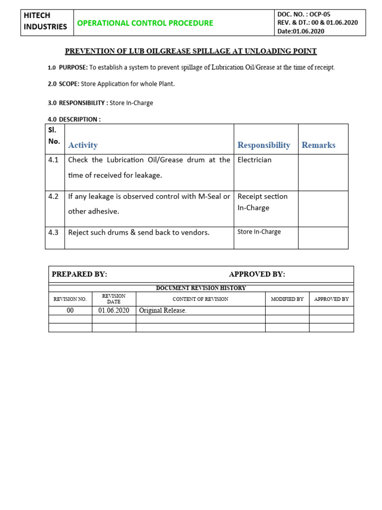 Preventing Lub Oil Spillage Procedures | PDF