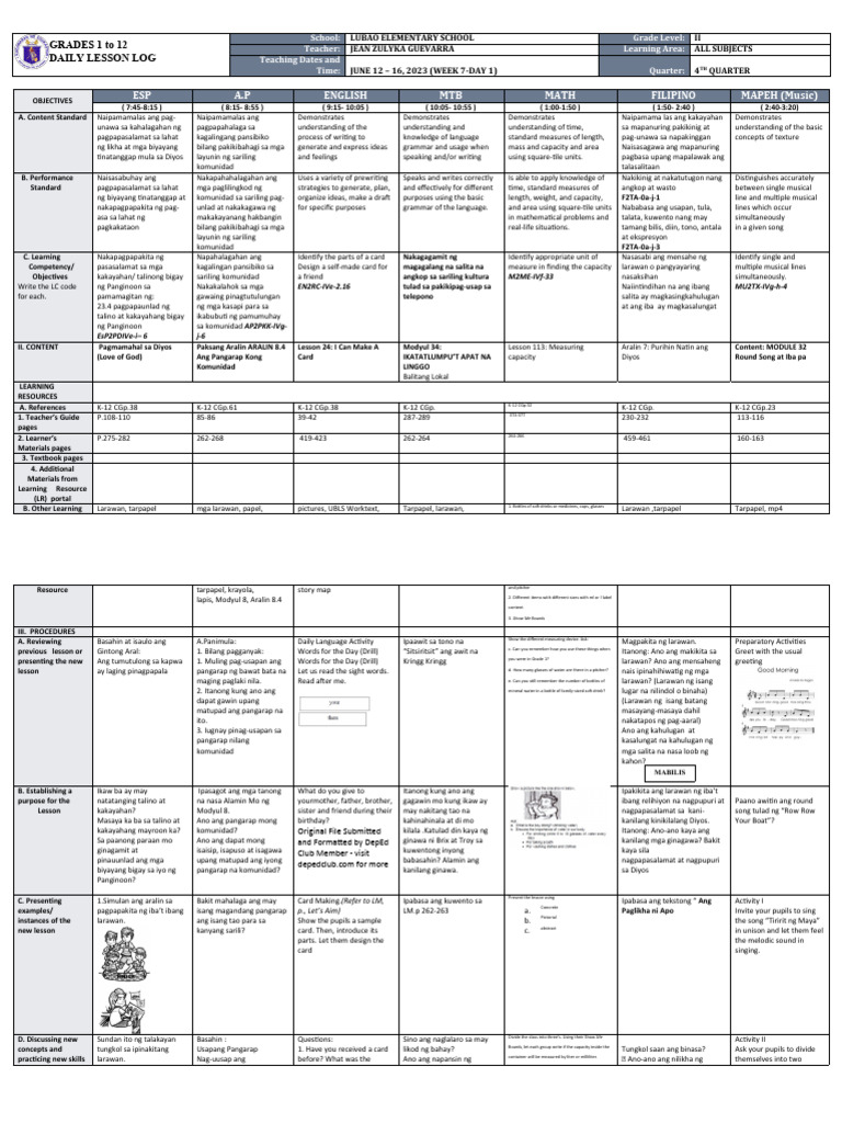 DLL - All Subjects 2 - Q4 - W7 - D1 | PDF