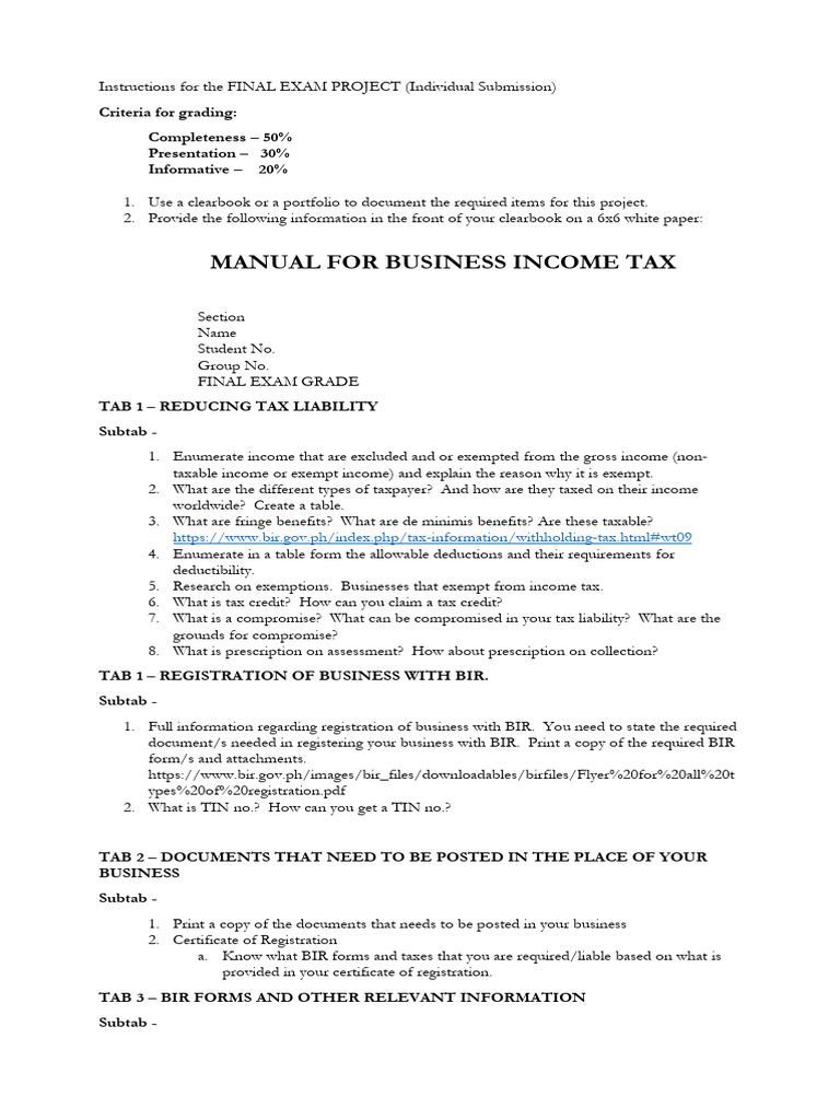 Business Income Tax Project Guide | PDF | Income Tax | Taxes