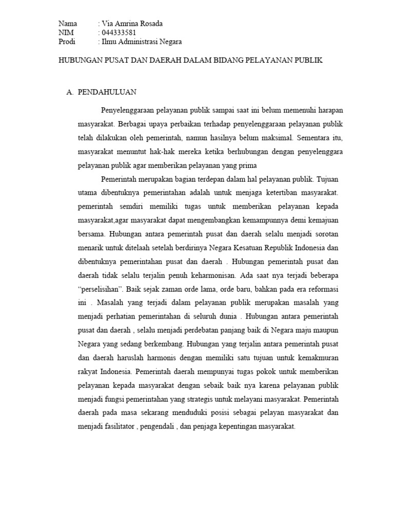 Tugas 3 Hubungan Pusat Dan Daerah Via Amrina Rosada 044333581 | PDF