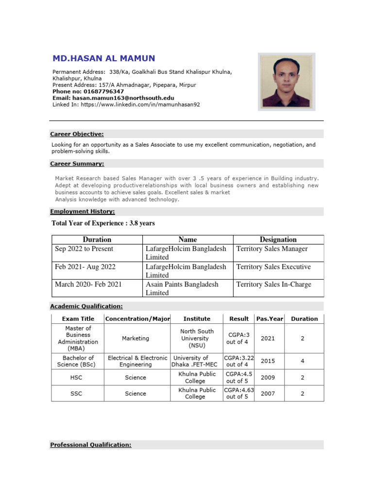 MD - Hasan - Al - Mamun - C V | PDF | Bangladesh